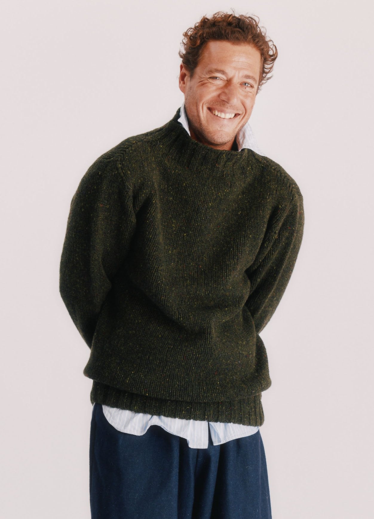 Blue Mogganer Glenugie Nep Funnel Neck Lighthouse Sweater - Harris Gre ...